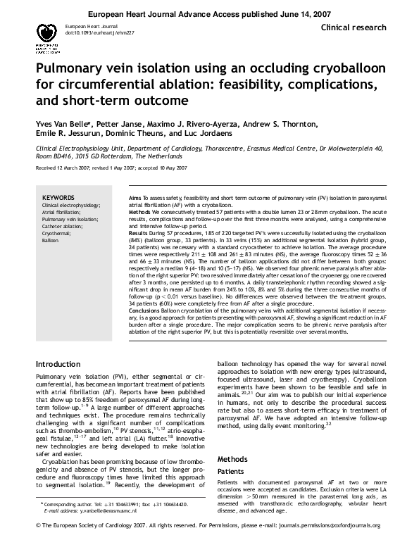 (PDF) Pulmonary vein isolation using an occluding cryoballoon for circumferential ablation ...