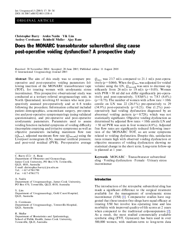 (PDF) Does the MONARC transobturator suburethral sling cause post ...