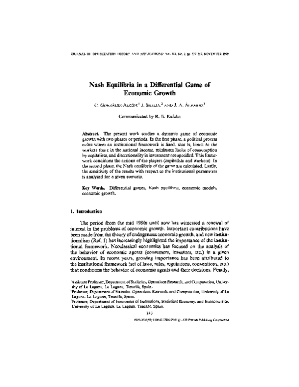 (PDF) Nash Equilibria in a Differential Game of Economic Growth