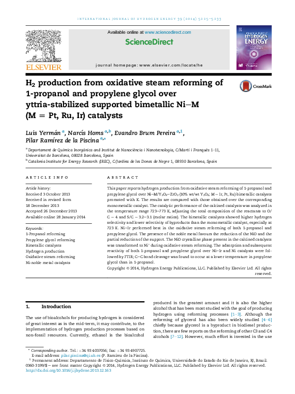 (PDF) H2 production from oxidative steam reforming of 1-propanol and ...