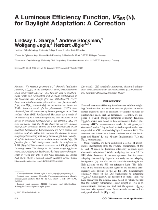 (PDF) A luminous efficiency function, VD65* (λ), for daylight ...