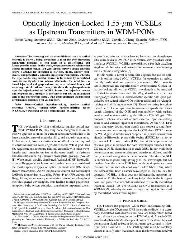 (PDF) Optically Injection-Locked 1.55- $\mu$ m VCSELs as Upstream Transmitters in WDM-PONs