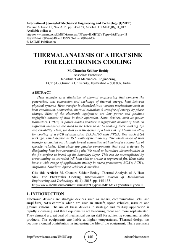 Pdf Thermal Analysis Of A Heat Sink For Electronics Cooling