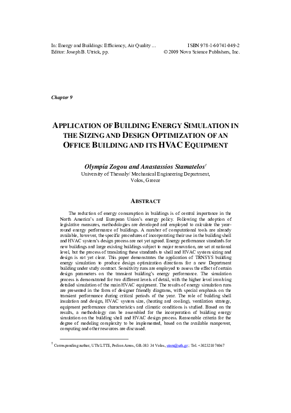 Pdf Application Of Building Energy Simulation In The Sizing And Design Optimization Of An