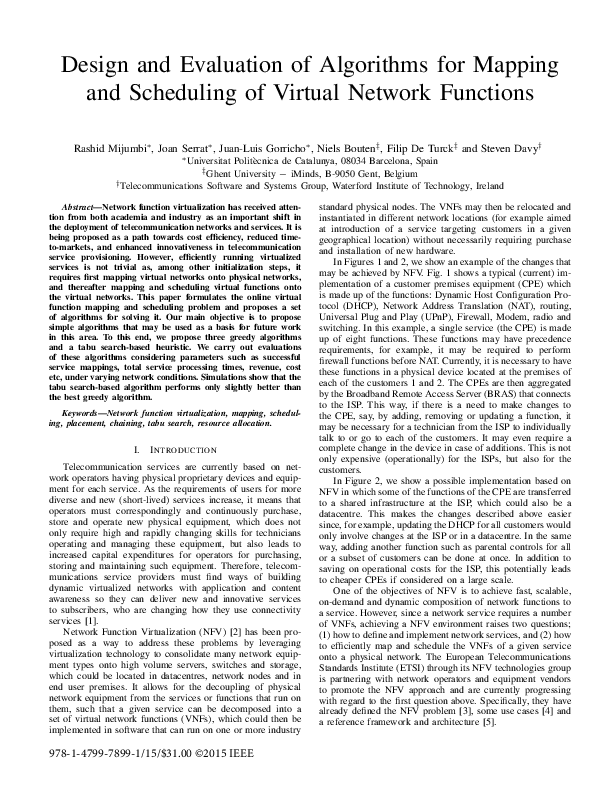 Pdf Design And Evaluation Of Algorithms For Mapping And Scheduling Of Virtual Network Functions