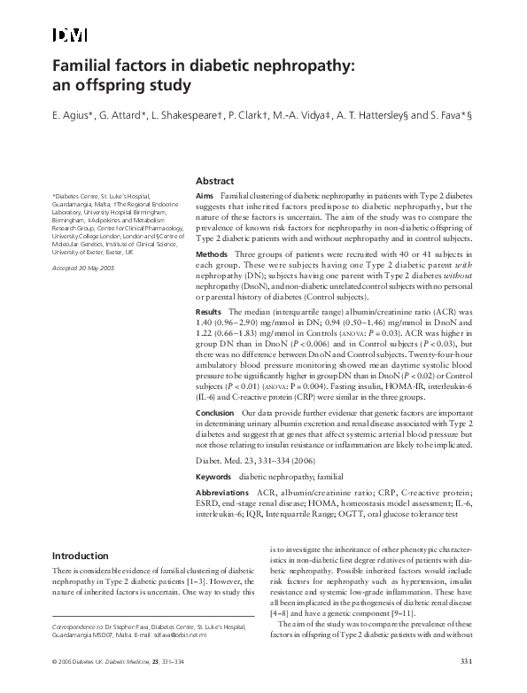 (PDF) Familial factors in diabetic nephropathy: an offspring study | S. Fava - Academia.edu