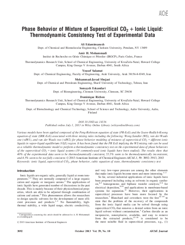(PDF) Phase behavior of mixture of supercritical CO 2 + ionic liquid ...