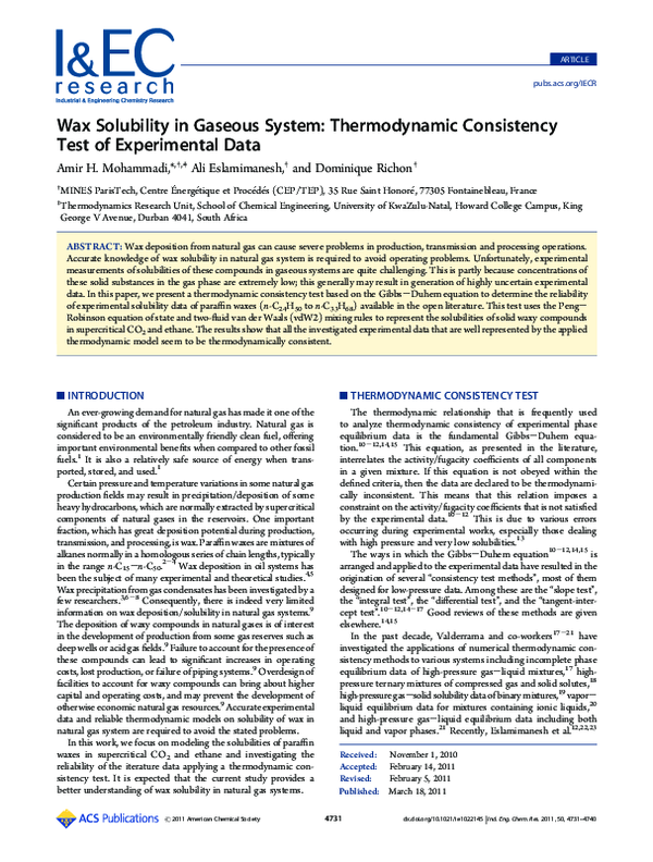 (PDF) Wax Solubility in Gaseous System: Thermodynamic Consistency Test ...