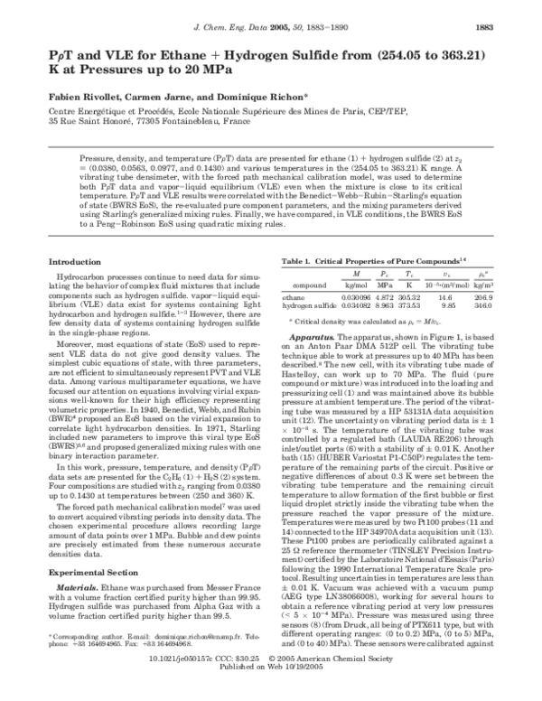 (PDF) PρT and VLE for Ethane + Hydrogen Sulfide from (254.05 to 363.21 ...