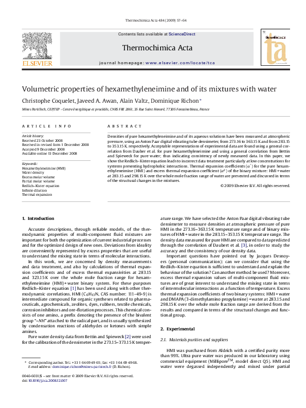 (PDF) Volumetric properties of hexamethyleneimine and of its mixtures ...