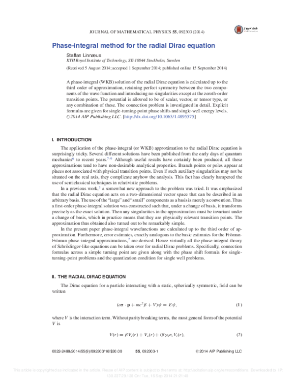 (PDF) Phase-integral method for the radial Dirac equation