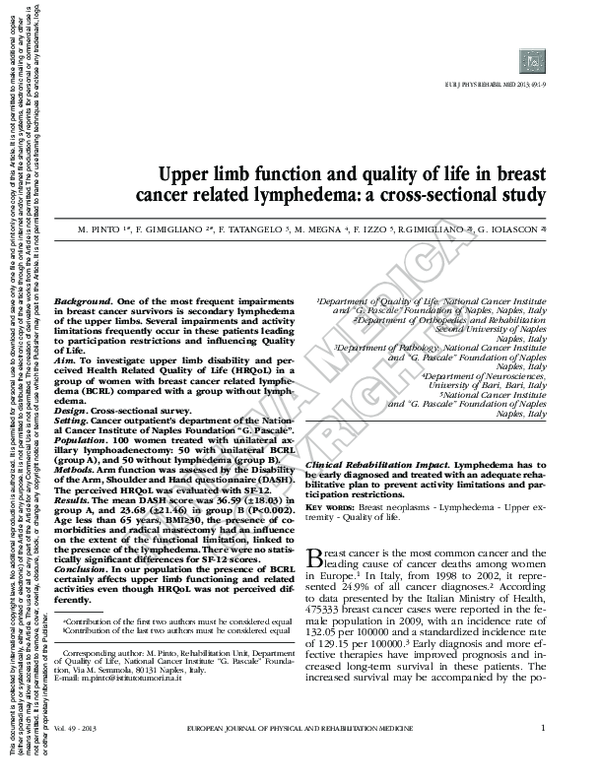 (PDF) Upper limb function and quality of life in breast cancer related ...