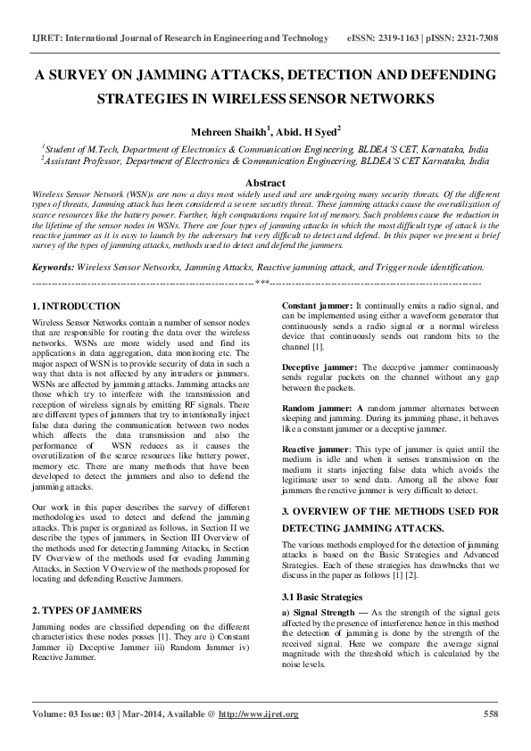 Pdf A Survey On Jamming Attacks Detection And Defending Strategies In Wireless Sensor Networks