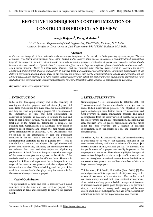 (PDF) EFFECTIVE TECHNIQUES IN COST OPTIMIZATION OF CONSTRUCTION PROJECT ...