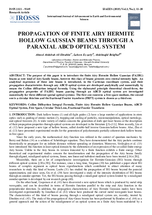 (PDF) PROPAGATION OF FINITE AIRY HERMITE HOLLOW GAUSSIAN BEAMS THROUGH A PARAXIAL ABCD OPTICAL ...