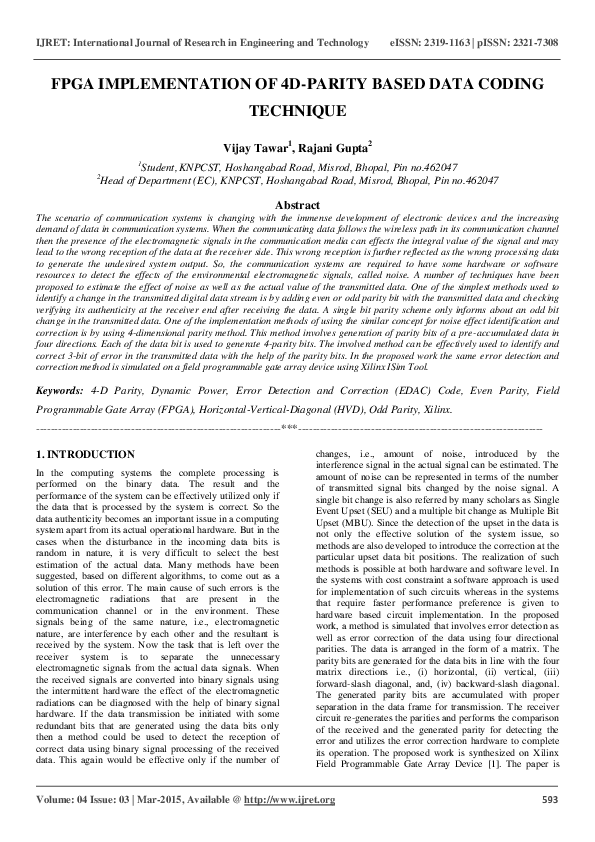 Pdf Fpga Implementation Of 4d Parity Based Data Coding Technique