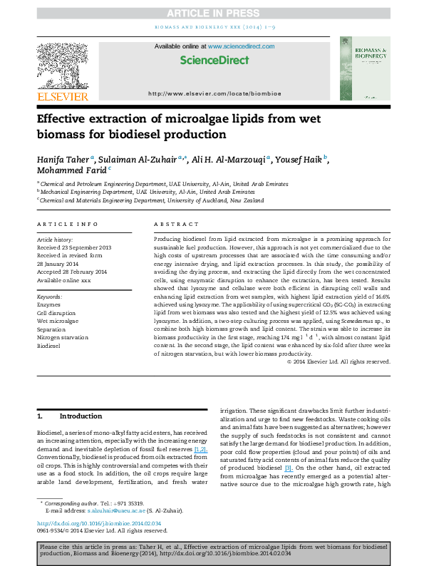 (PDF) Effective extraction of microalgae lipids from wet biomass for biodiesel production