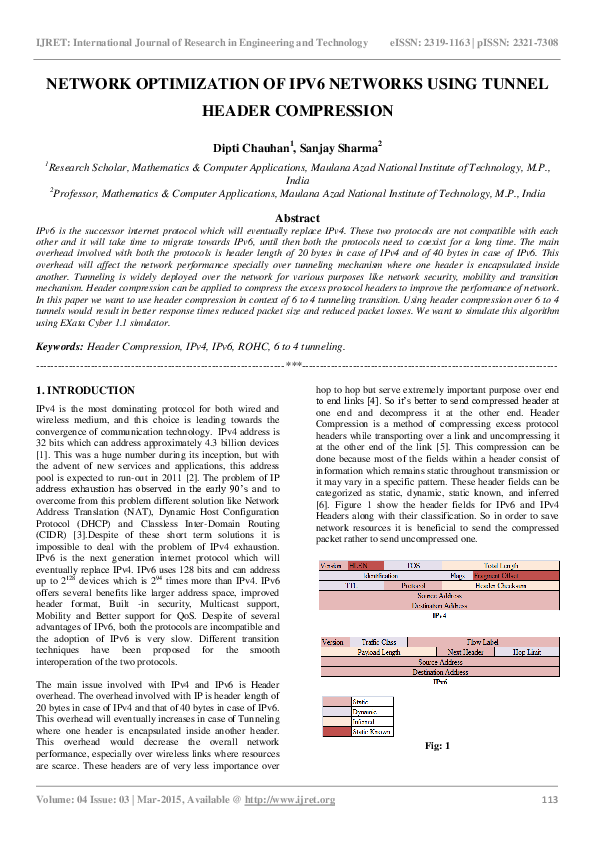 Pdf Network Optimization Of Ipv6 Networks Using Tunnel Header Compression