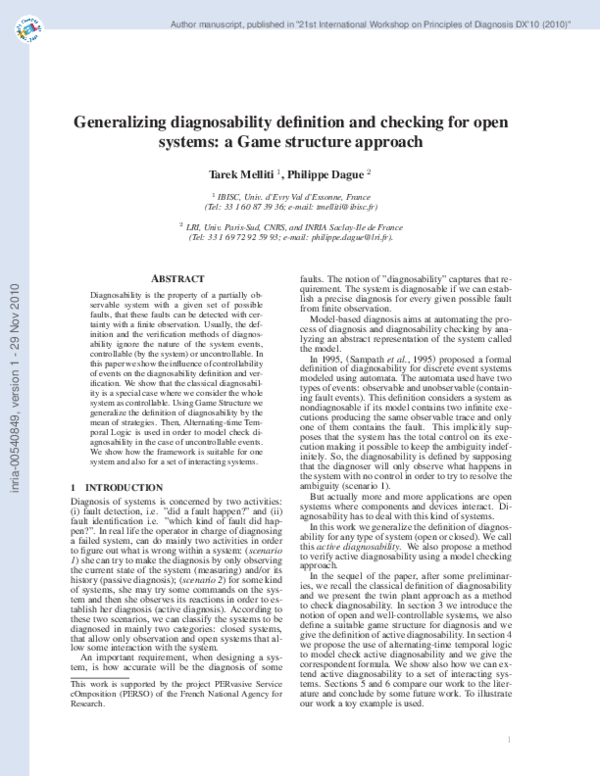 (PDF) Generalizing diagnosability definition and checking for open systems: a Game structure ...