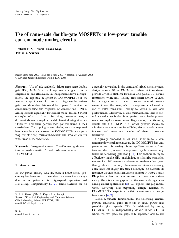 Pdf Use Of Nano Scale Double Gate Mosfets In Low Power Tunable Current Mode Analog Circuits