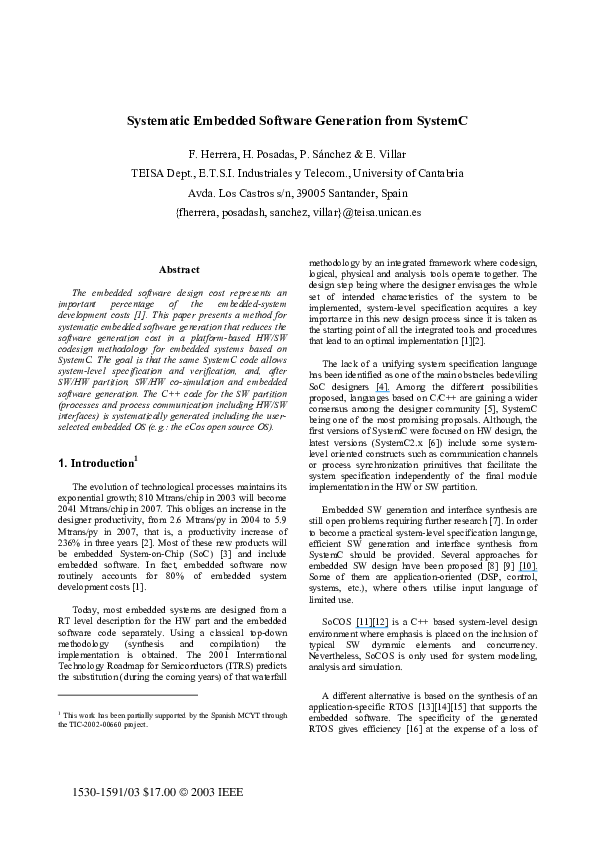 (PDF) Systematic embedded software generation from SystemC | Eugenio Villar - Academia.edu