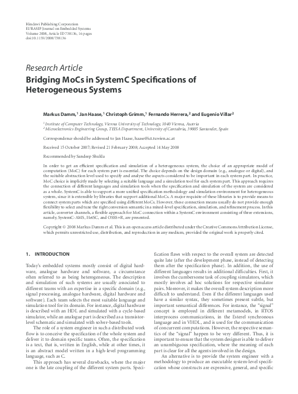 (PDF) Bridging MoCs in SystemC Specifications of Heterogeneous Systems