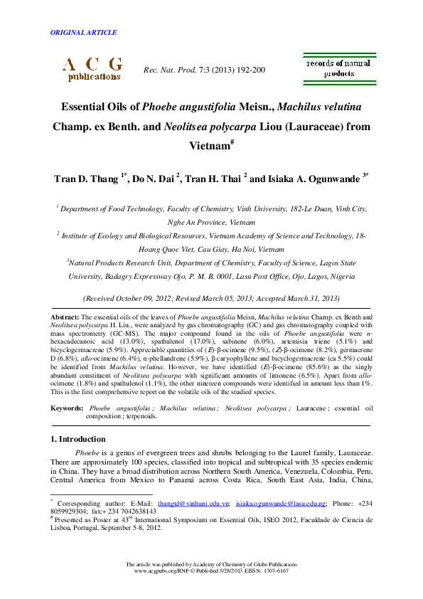 (PDF) Essential Oils of Phoebe angustifolia Meisn., Machilus velutina ...