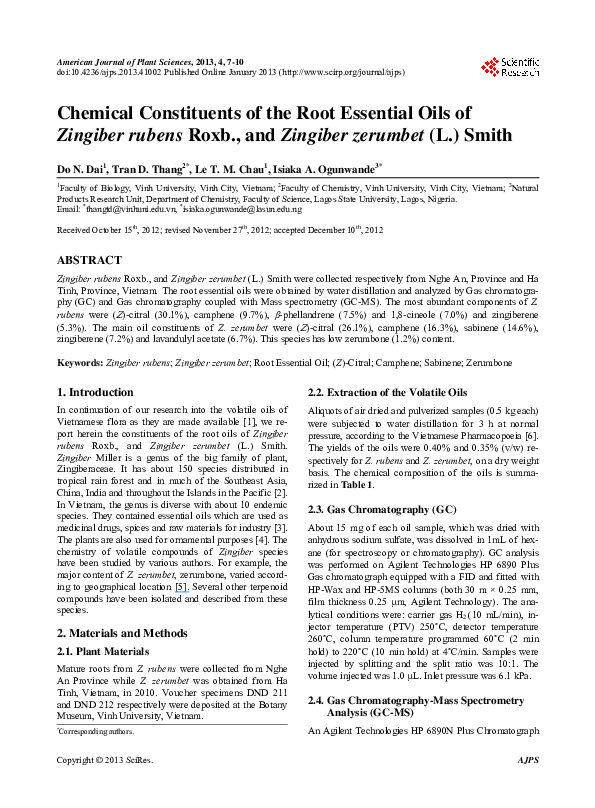 (PDF) Chemical Constituents of the Root Essential Oils of Zingiber ...
