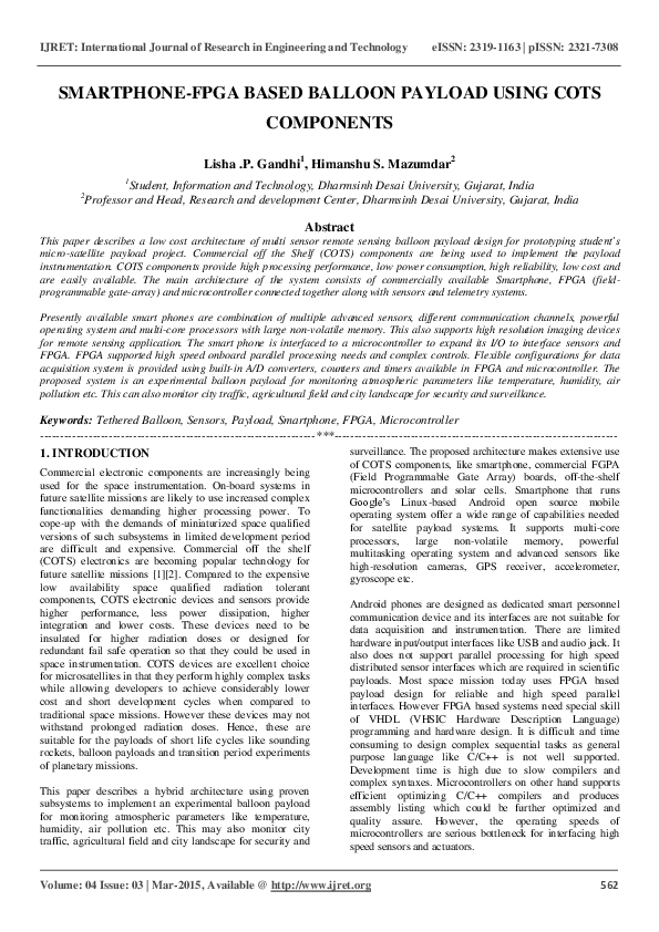 Pdf Smartphone Fpga Based Balloon Payload Using Cots Components