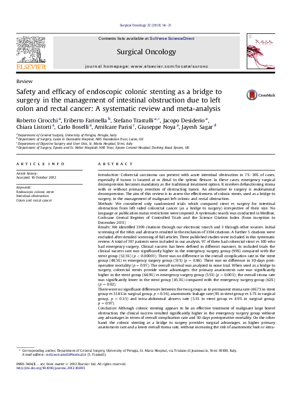 (PDF) Safety and efficacy of endoscopic colonic stenting as a bridge to ...