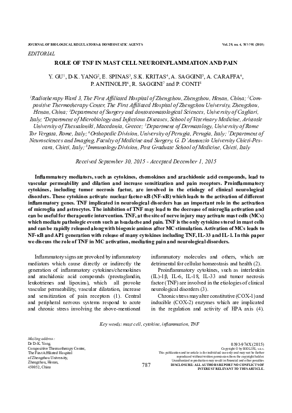 (PDF) ROLE OF TNF IN MAST CELL NEUROINFLAMMATION AND PAIN | Enrico ...
