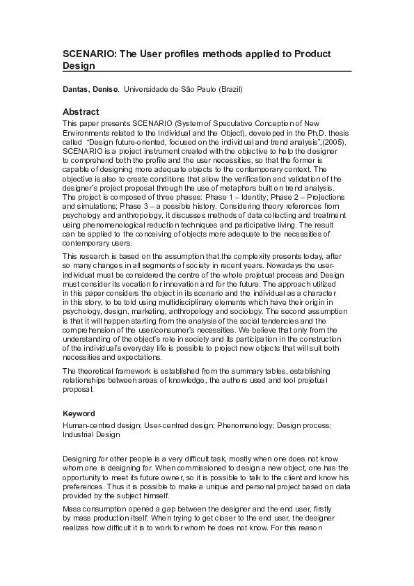 (PDF) SCENARIO: The User profiles methods applied to Product Design