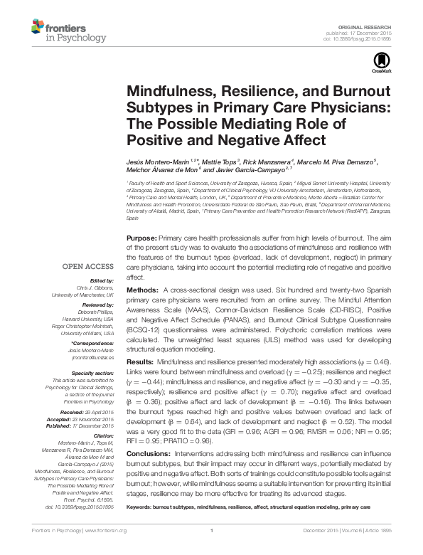 (PDF) Mindfulness, Resilience, and Burnout Subtypes in Primary Care ...