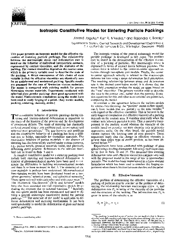 (PDF) Isotropic Constitutive Model for Sintering Particle Packings