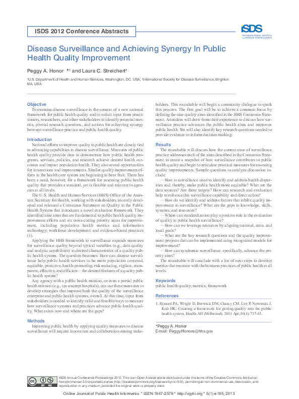 (PDF) Disease Surveillance and Achieving Synergy In Public Health Quality Improvement