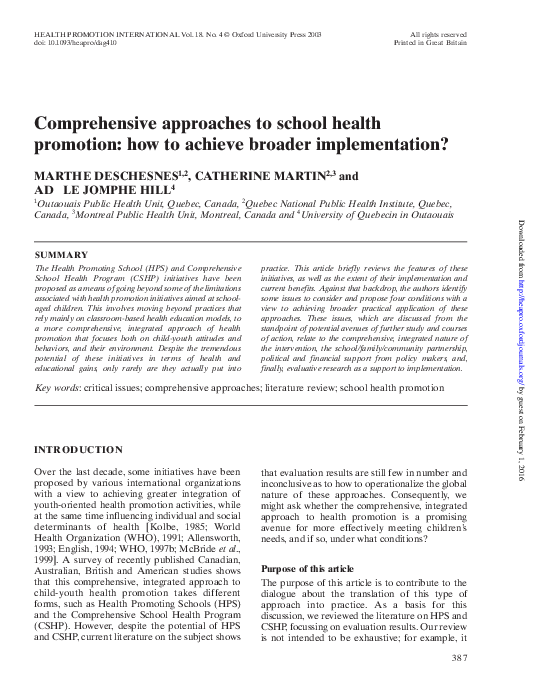 (PDF) Comprehensive approaches to school health promotion: how to ...