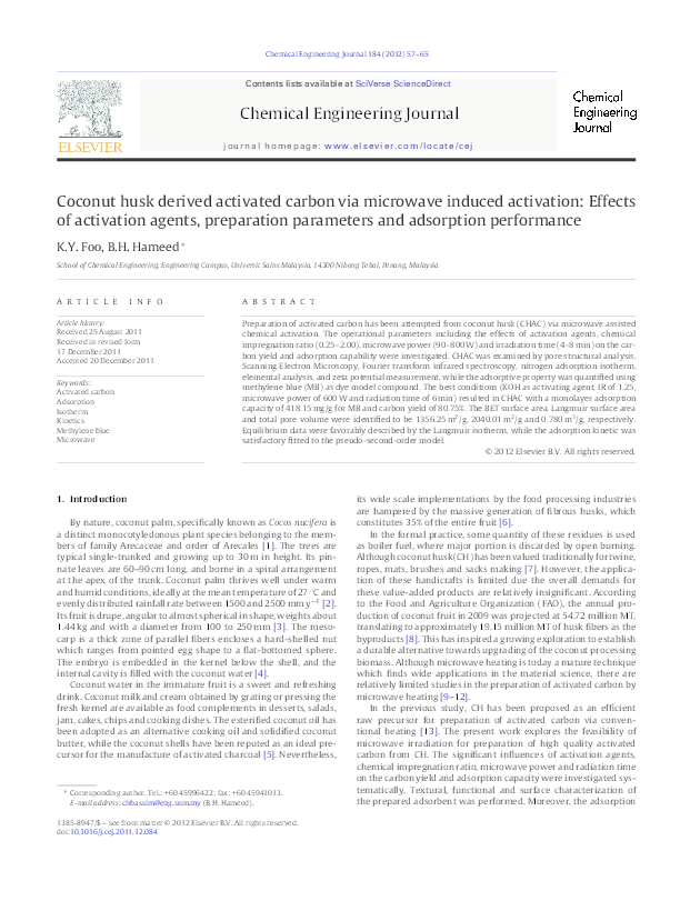(PDF) Coconut husk derived activated carbon via microwave induced activation: Effects of ...