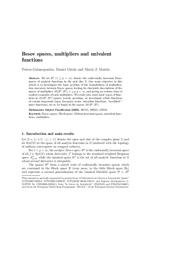 Pdf Besov Spaces Multipliers And Univalent Functions