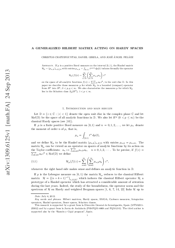 Pdf A Generalized Hilbert Matrix Acting On Hardy Spaces