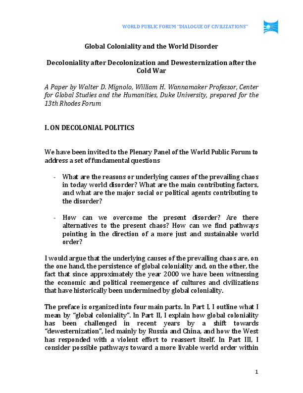 (PDF) Global Coloniality and the World Disorder. Decoloniality after ...