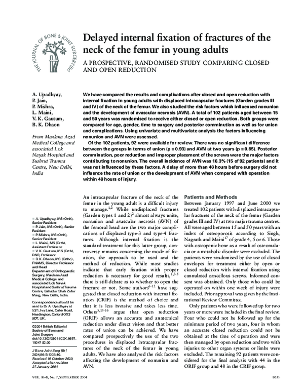 (PDF) Delayed internal fixation of fractures of the neck of the femur ...