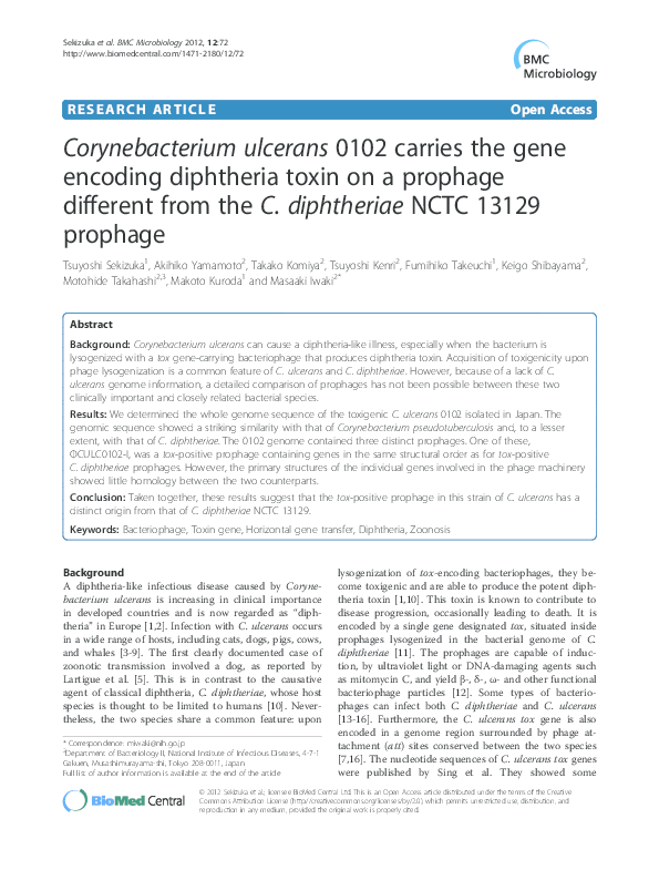(PDF) Corynebacterium ulcerans 0102 carries the gene encoding ...