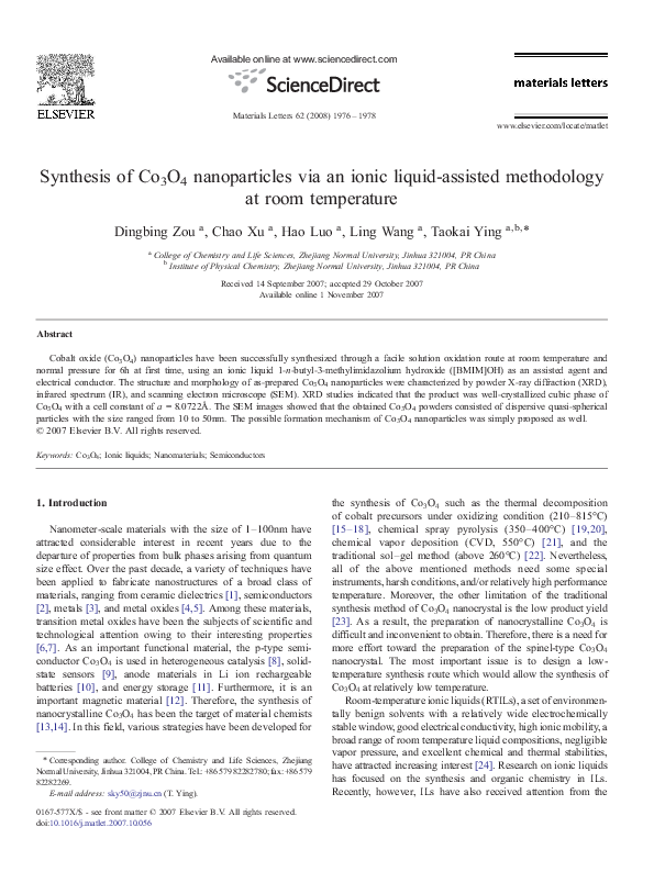 (PDF) Synthesis of Co3O4 nanoparticles via an ionic liquid-assisted methodology at room temperature