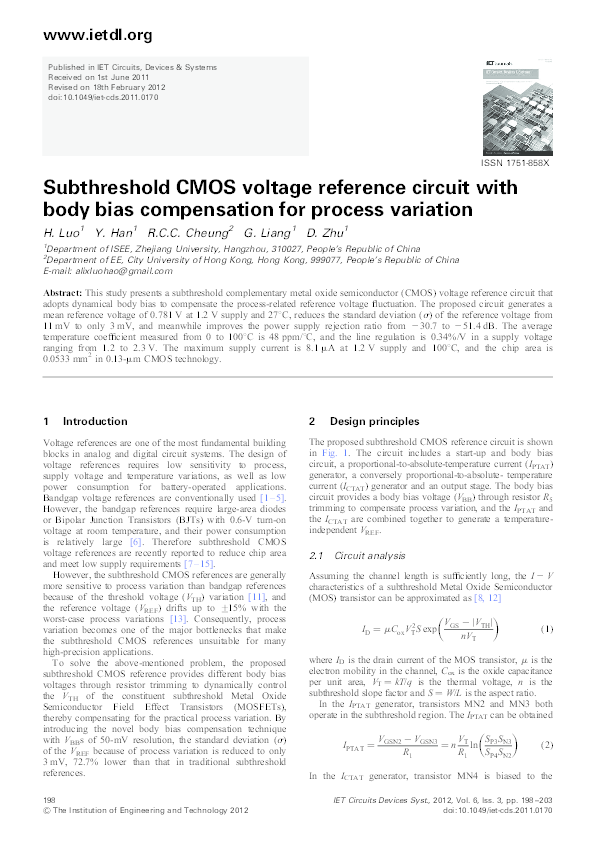 (PDF) Subthreshold CMOS voltage reference circuit with body bias compensation for process variation
