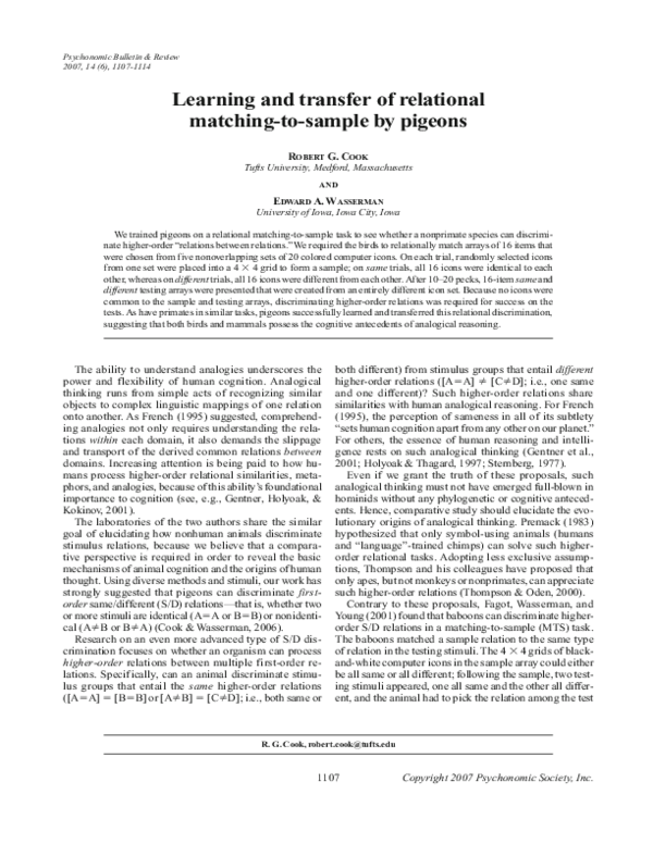(PDF) Learning and transfer of relational matching-to-sample by pigeons