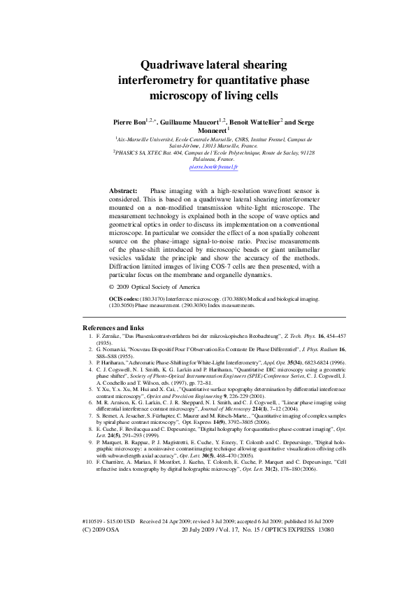 Pdf Quadriwave Lateral Shearing Interferometry For Quantitative Phase Microscopy Of Living Cells