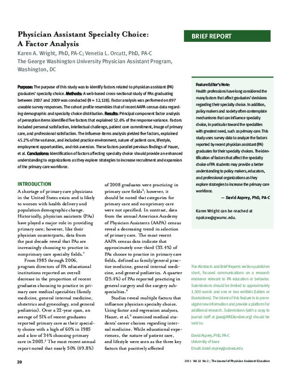 (PDF) Physician assistant specialty choice: a factor analysis