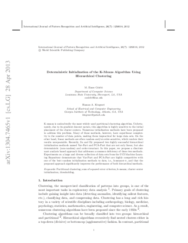 Pdf Deterministic Initialization Of The K Means Algorithm Using Hierarchical Clustering