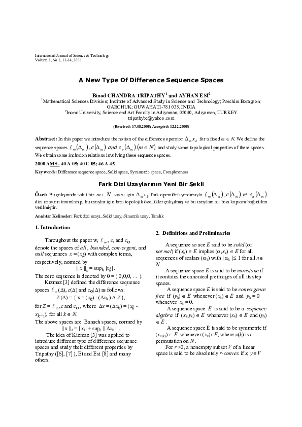 (PDF) A new type of difference sequence spaces | Reyaz Ahmad - Academia.edu