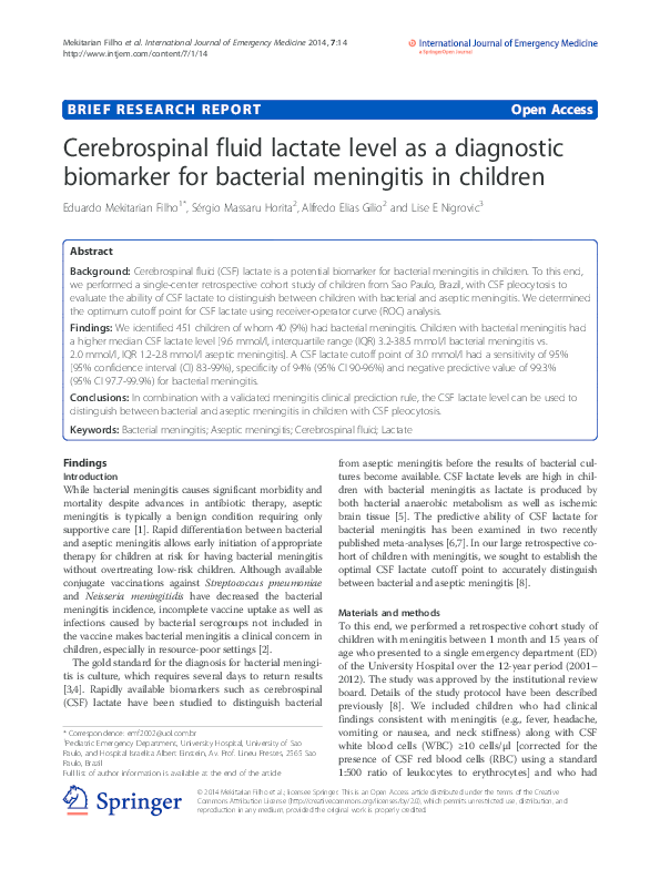 (PDF) Cerebrospinal fluid lactate level as a diagnostic biomarker for ...